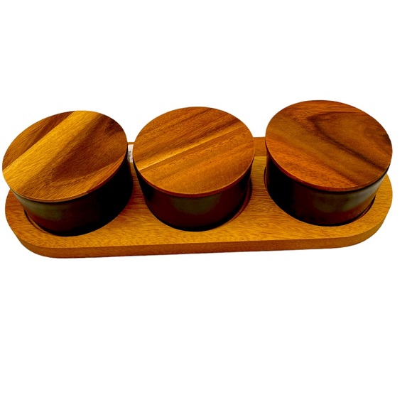 kalmar home | Dining | Acacia Wood Condiment Holder With 3 Ceramic ...